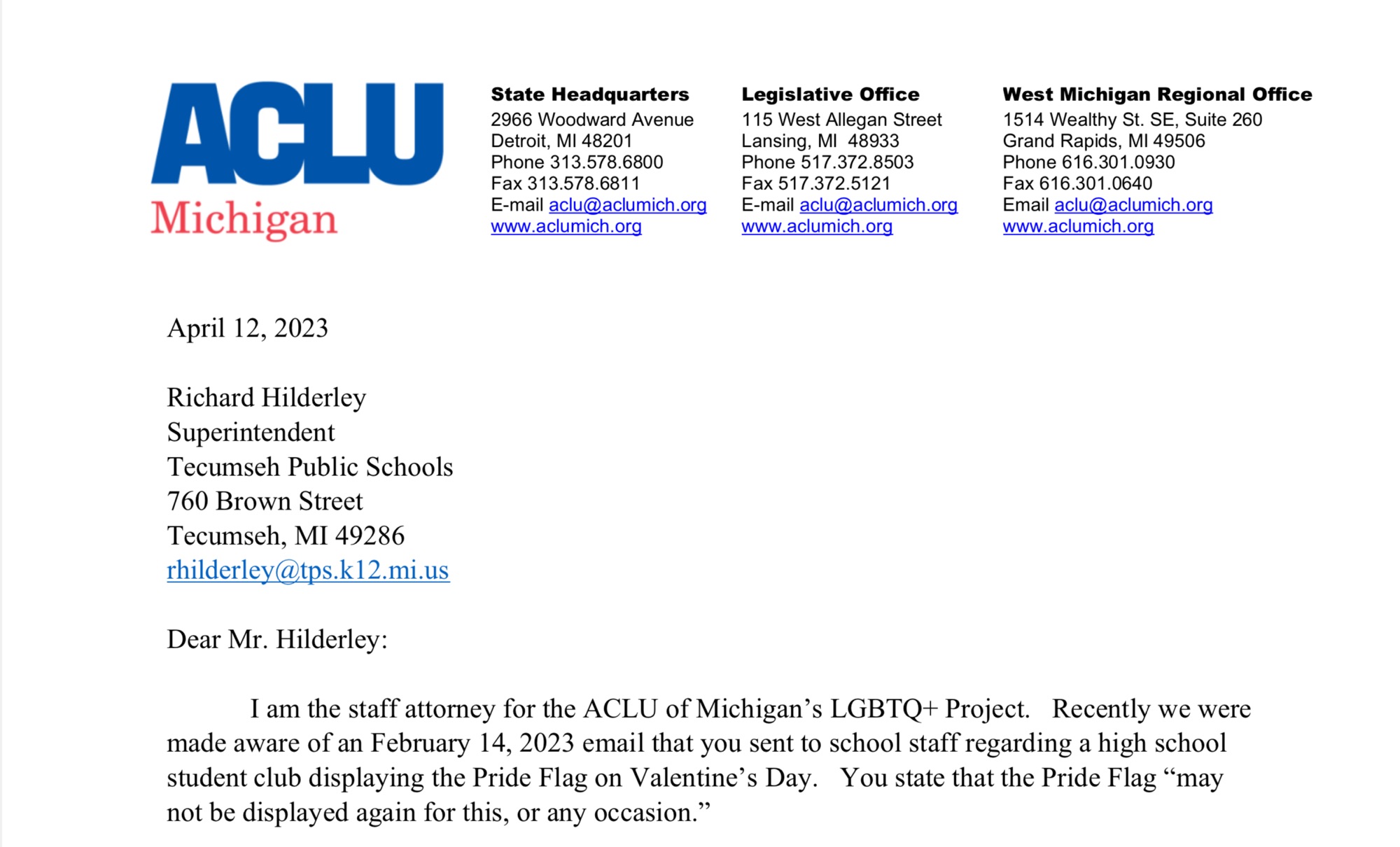 Read Michigan ACLU’s Letter to Tecumseh Schools About Its Offensive ...